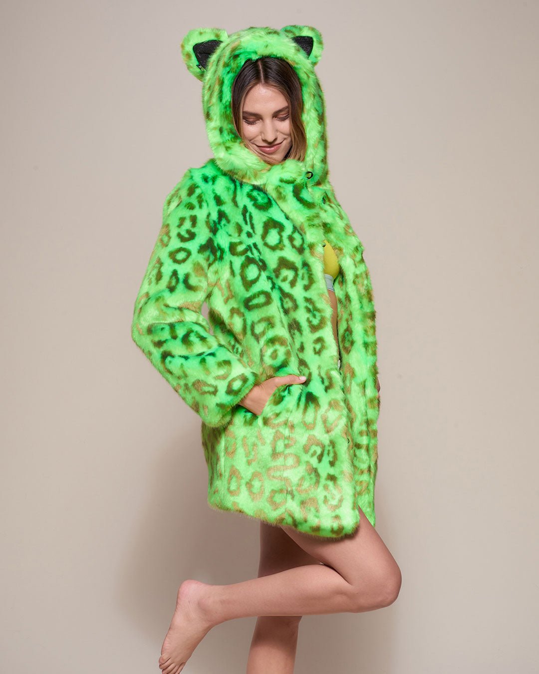 Colorful Leopard Faux Fur Coat Neon Green with Hood and Ears - SpiritHoods