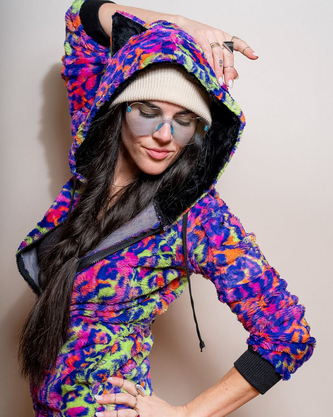 Neon Disco Kitty Classic ULTRA SOFT Faux Fur Onesie | Women's - SpiritHoods