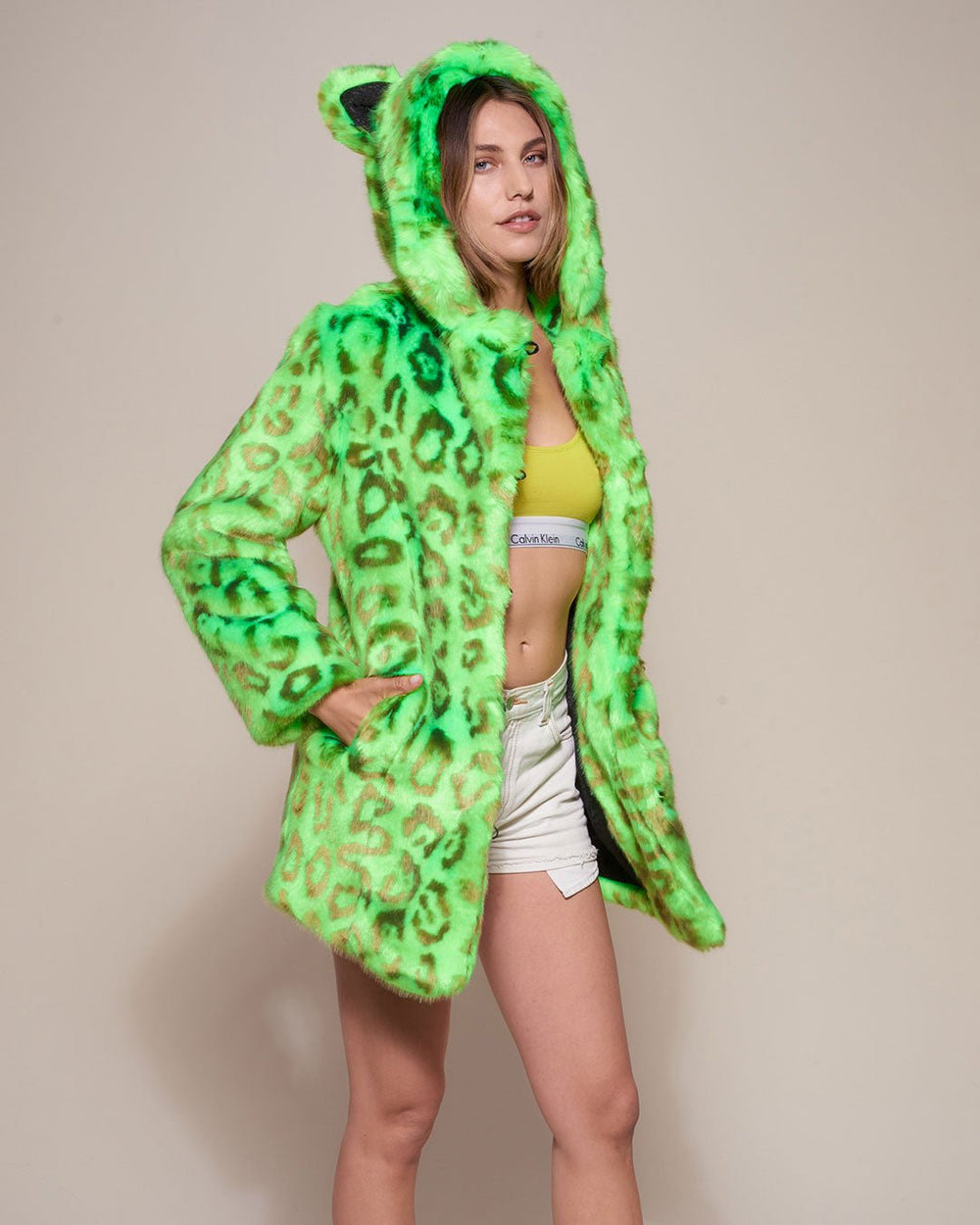 Colorful Leopard Faux Fur Coat Neon Green with Hood and Ears - SpiritHoods