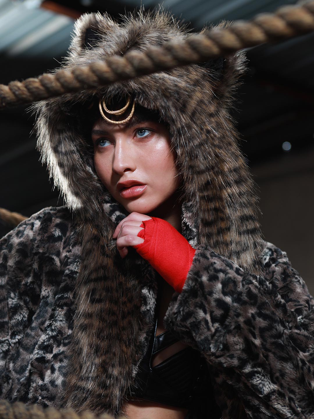 Women's Faux Fur Robe With Hood & Ears Plush Savannah Cat Style Coat ...