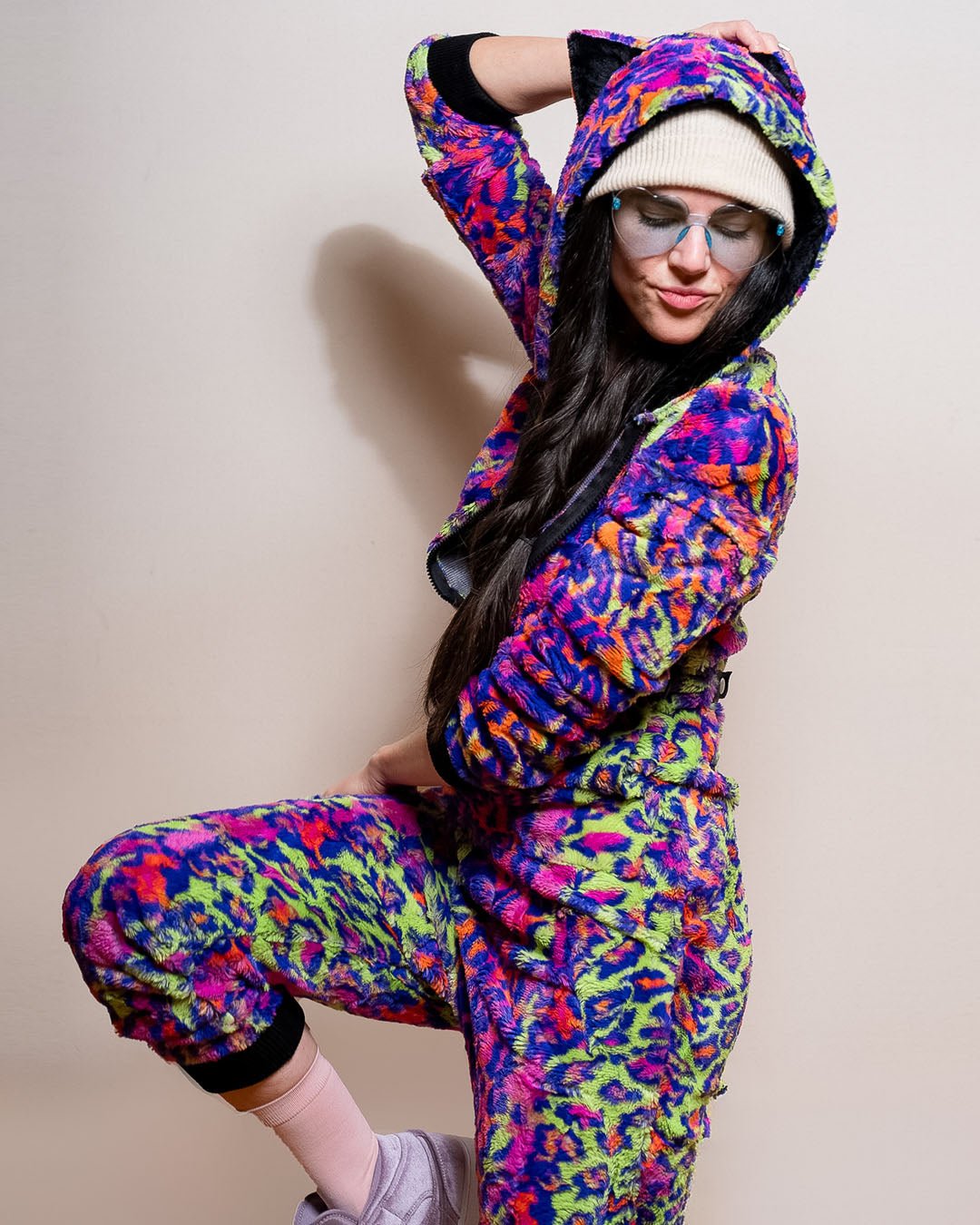 Neon Disco Kitty Classic ULTRA SOFT Faux Fur Onesie | Women's - SpiritHoods