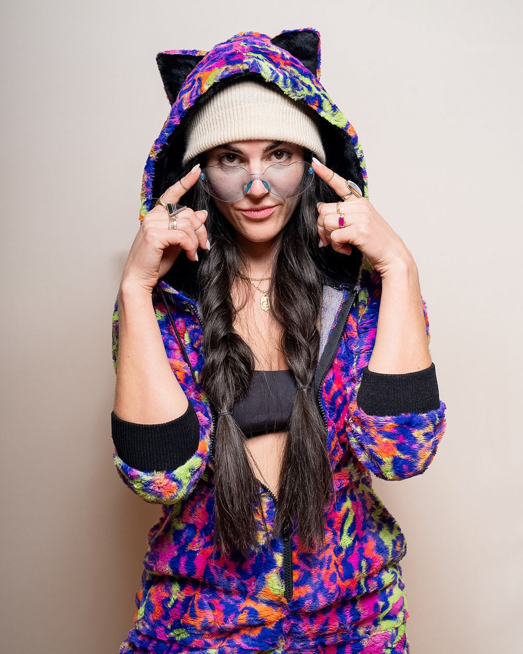 Neon Disco Kitty Classic ULTRA SOFT Faux Fur Onesie | Women's - SpiritHoods