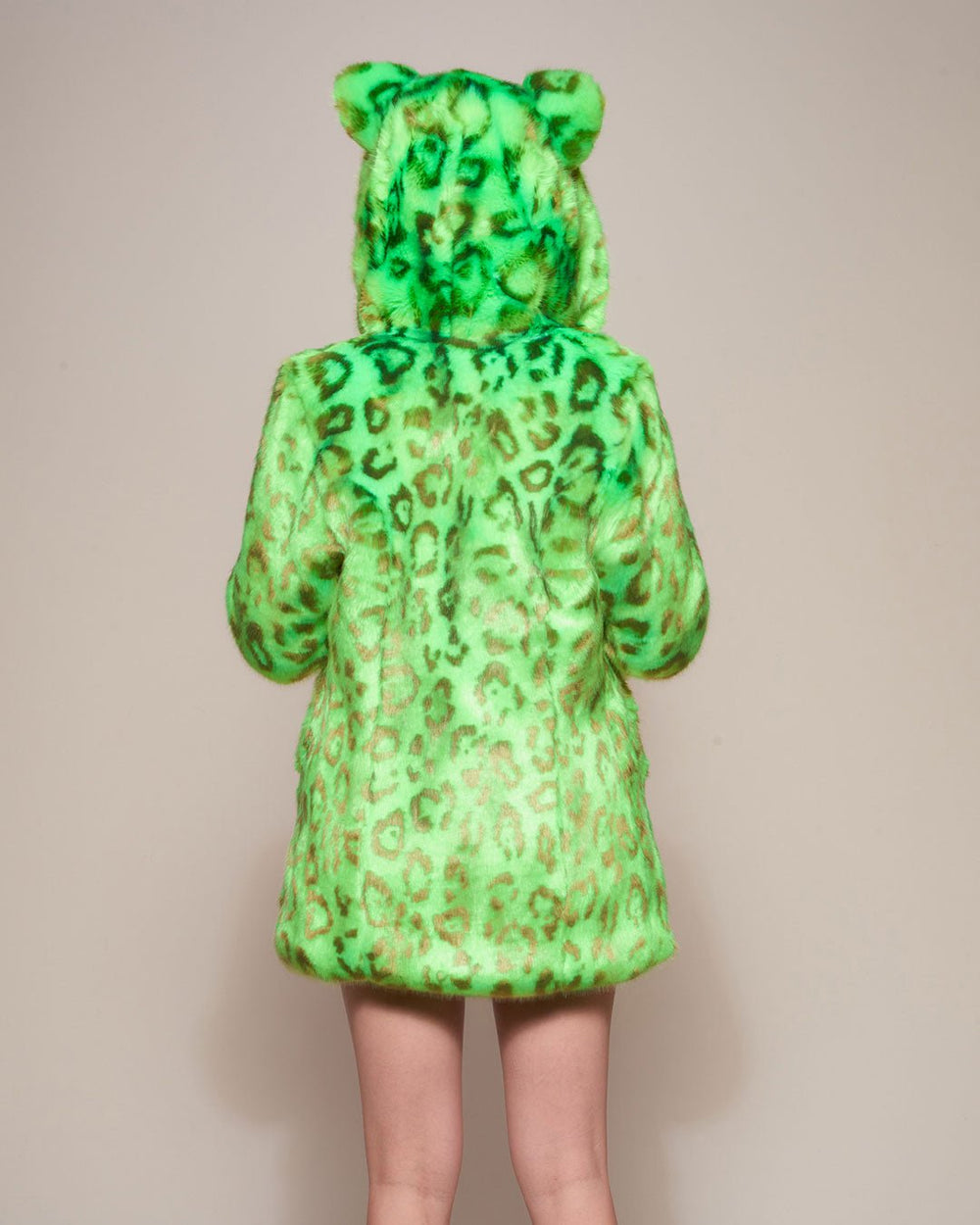 Colorful Leopard Faux Fur Coat Neon Green with Hood and Ears - SpiritHoods