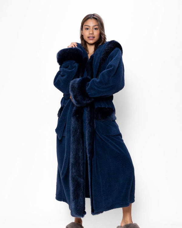 Luxury Robe for Women, Blue Faux Fur Bathrobe | Indigo Wolf - SpiritHoods