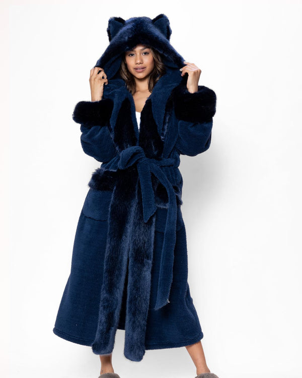 Luxury Robe for Women, Blue Faux Fur Bathrobe | Indigo Wolf - SpiritHoods