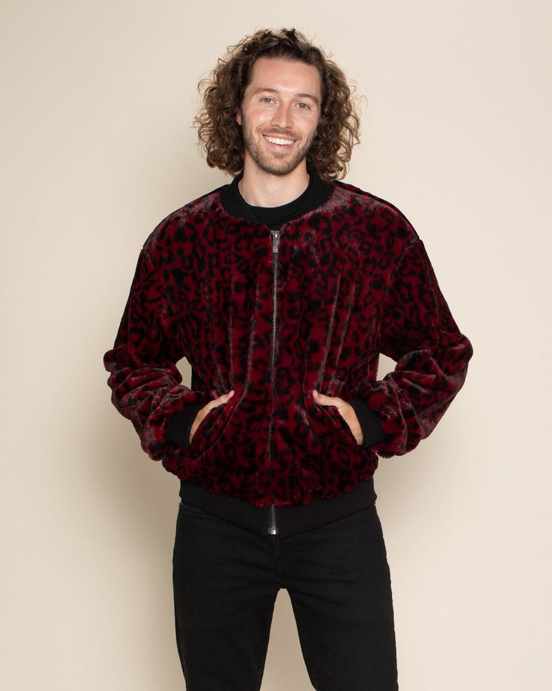 Burgundy Leopard Ultra Soft Faux Fur Bomber Jacket | Men's - SpiritHoods