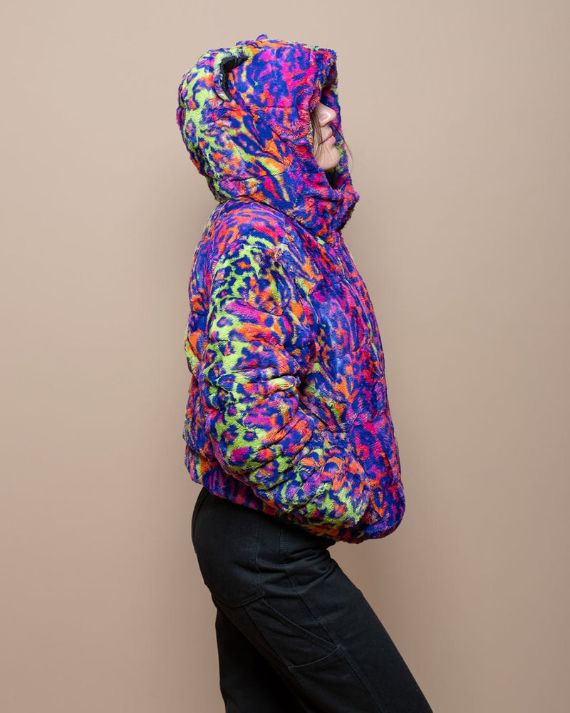 Hooded Puffer Jacket Womens | Colorful Neon Disco Kitty - SpiritHoods