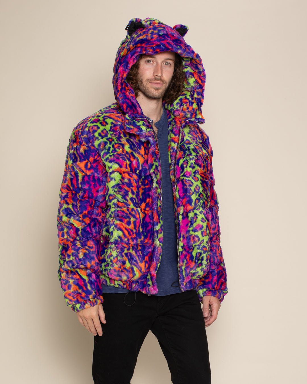 Men's Puffer Jacket With Hood | Colorful Neon Disco Cat - SpiritHoods