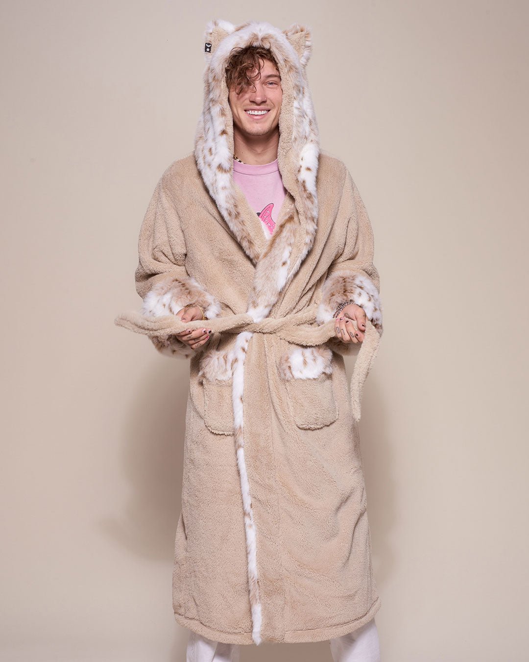 Men's Luxury Robe, Beige Luxury Bathrobe | Snow Leopard - SpiritHoods