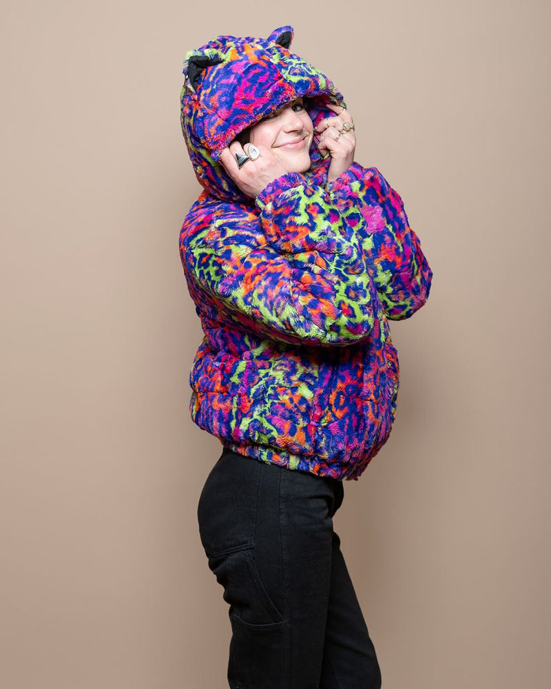 Hooded Puffer Jacket Womens | Colorful Neon Disco Kitty - SpiritHoods
