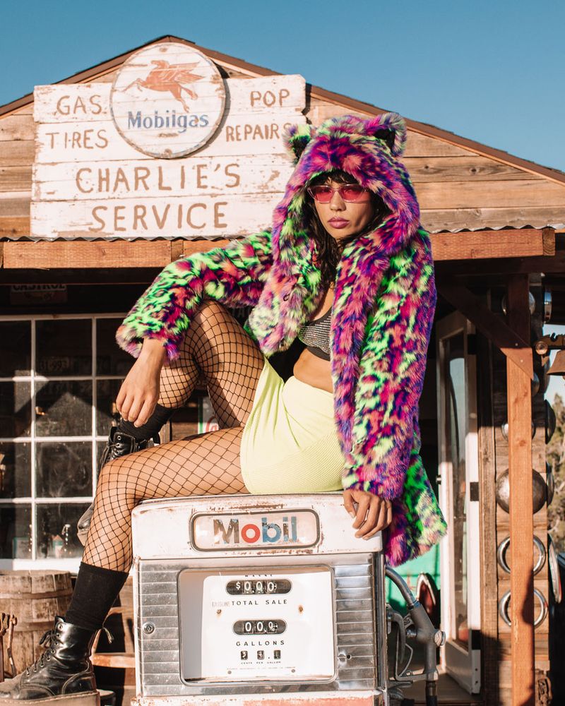 Colorful Faux Fur Coat Womens | Neon Disco Kitty - SpiritHoods