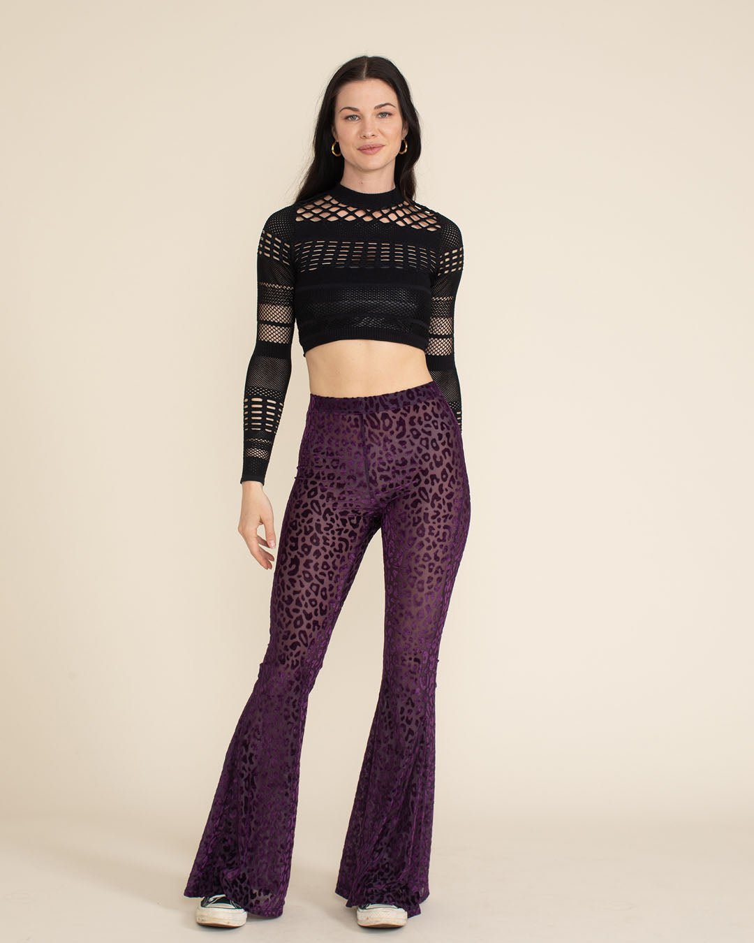 Women's Velvet Flare Pant | Violet Purple Leopard Print - SpiritHoods