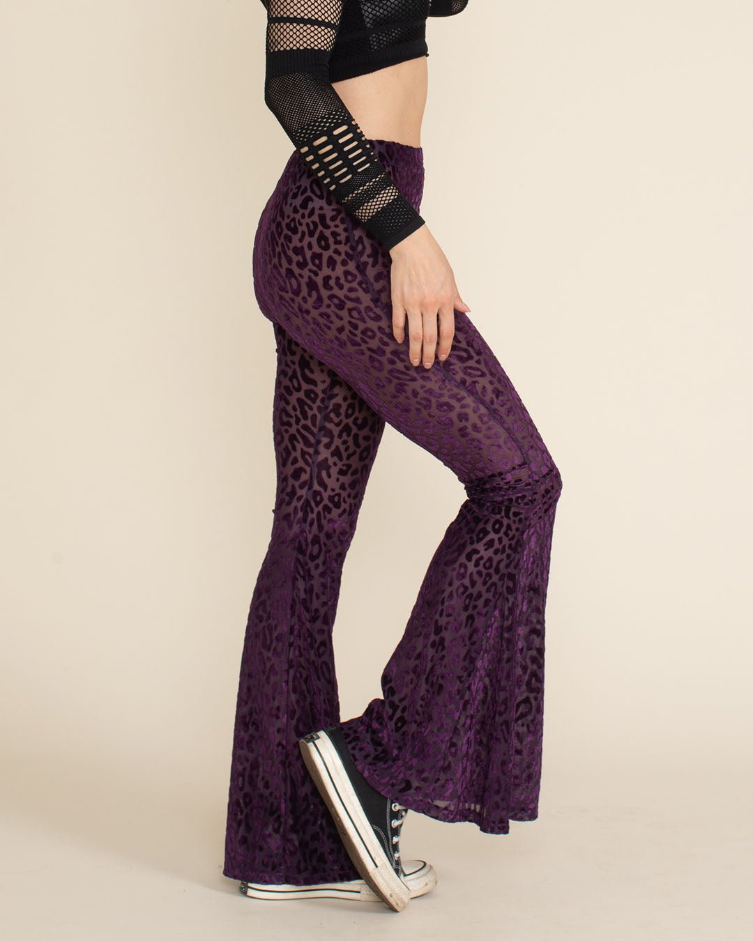 Women's Velvet Flare Pant | Violet Purple Leopard Print - SpiritHoods