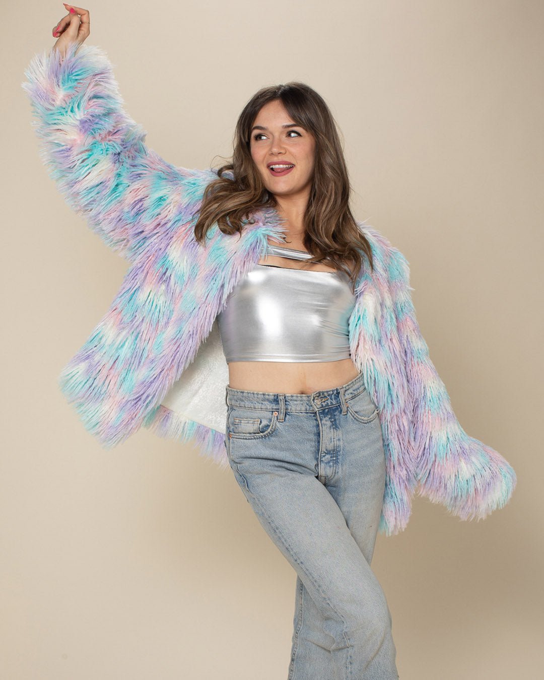 Colorful Faux Fur Jacket Womens | Aurora Shaggy Mongolian Alpaca ...
