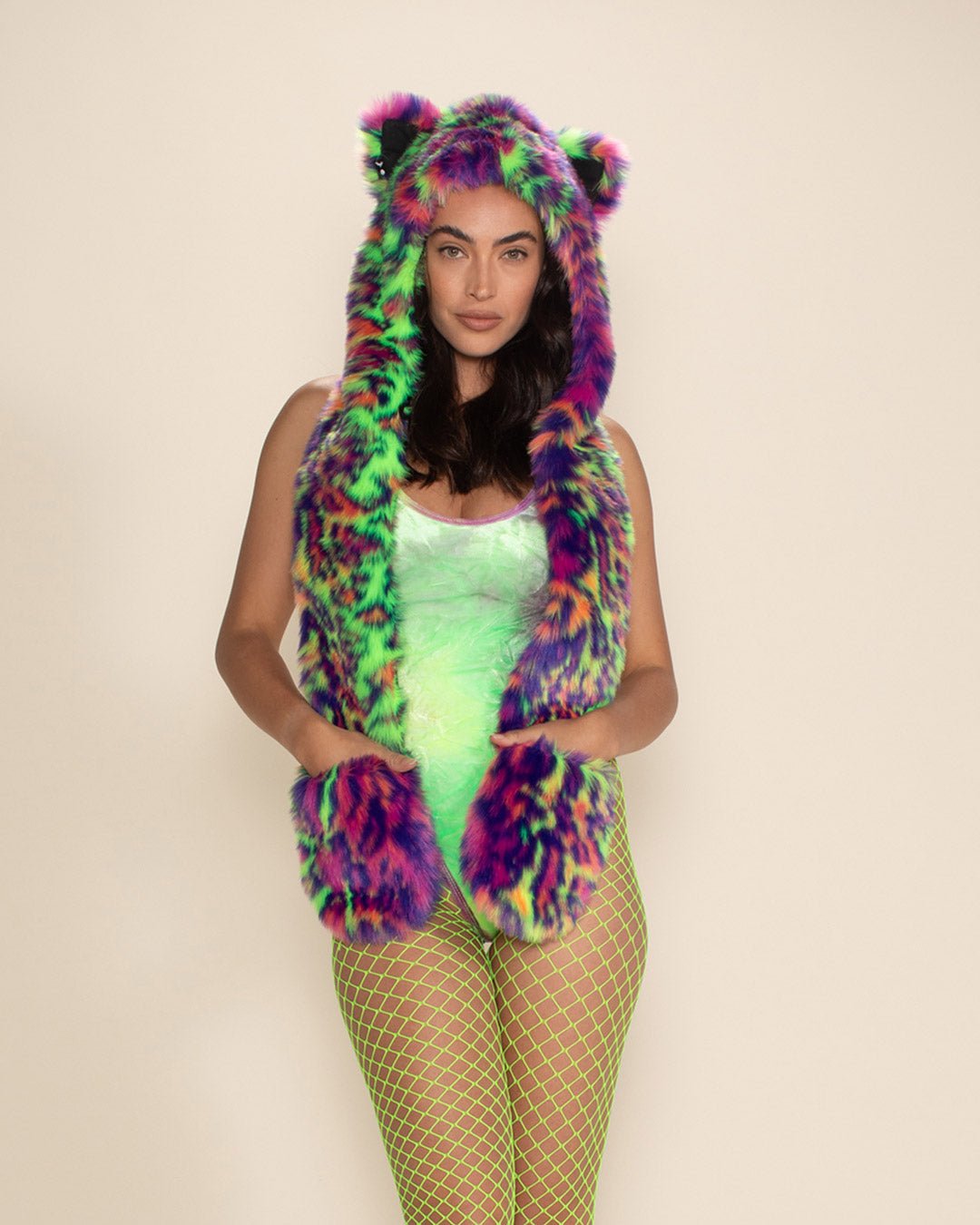 Neon Disco Kitty Collector Edition Faux Fur Hood | Women's - SpiritHoods