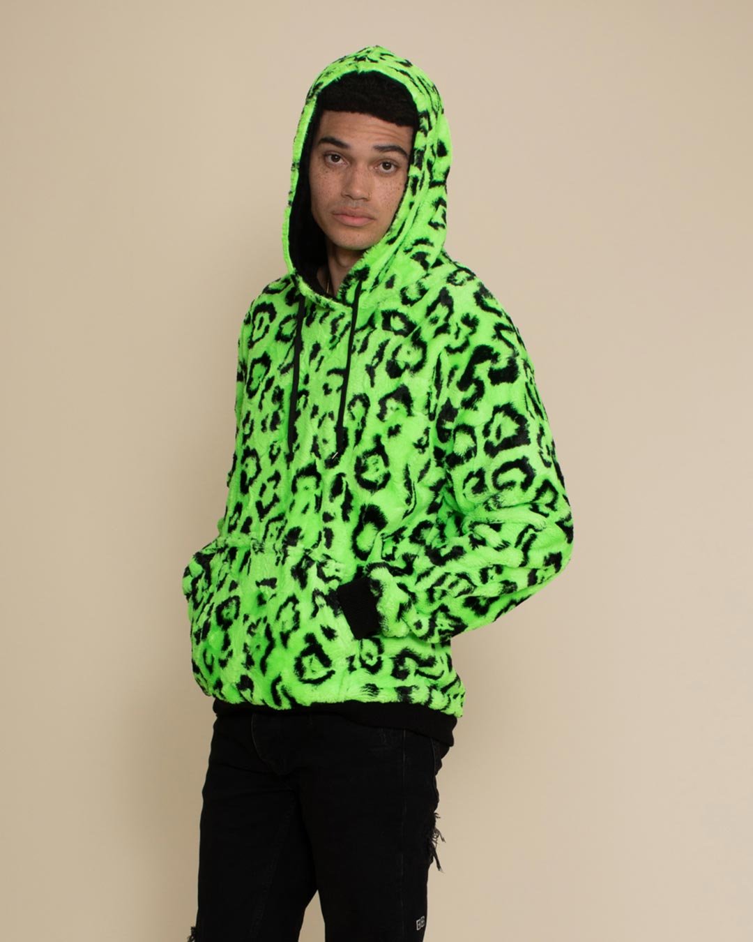 Men's Neon Green Leopard Faux Fur Hoodie | Ultra Soft Hooded Jacket ...