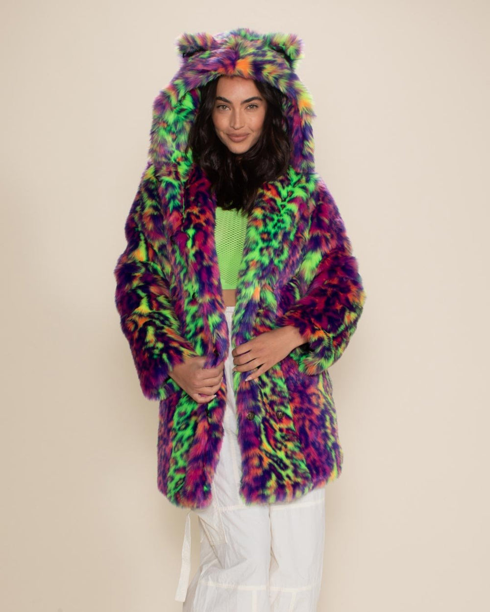Colorful Faux Fur Coat Womens | Neon Disco Kitty - SpiritHoods