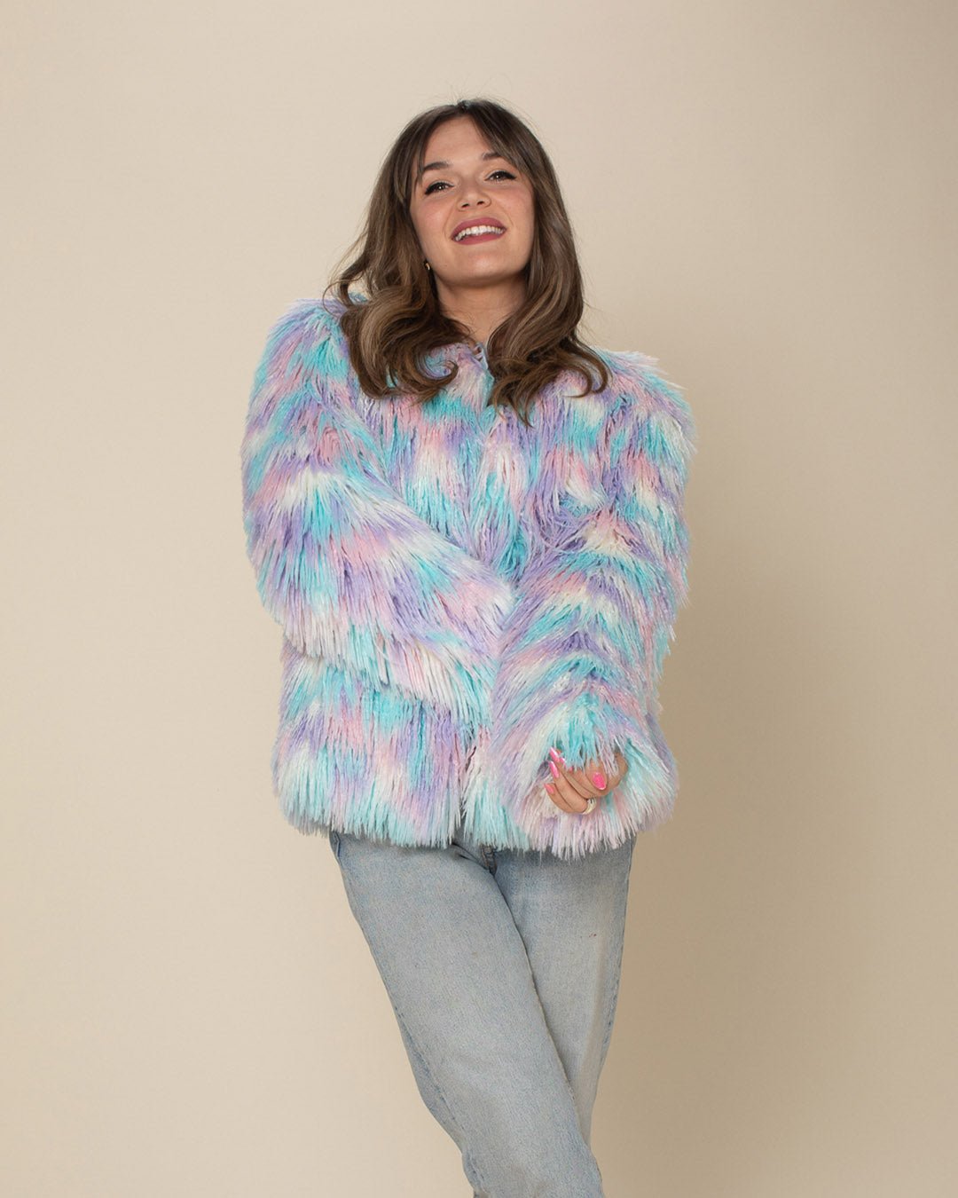 Colorful Faux Fur Jacket Womens | Aurora Shaggy Mongolian Alpaca ...