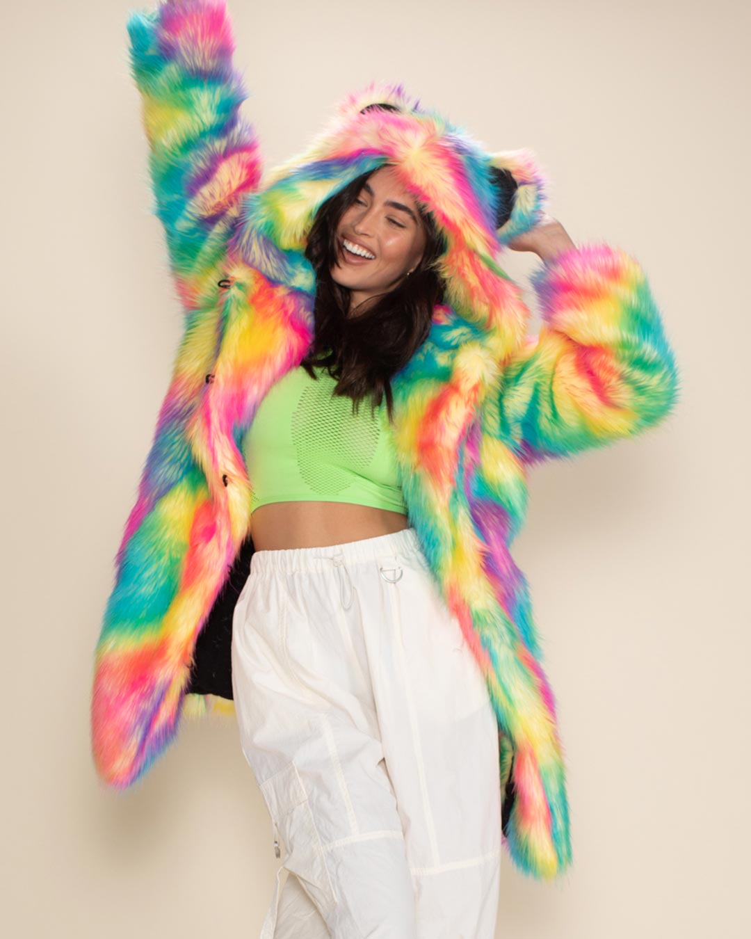 Colorful Faux Fur Coat Womens | Rainbow Bear - SpiritHoods