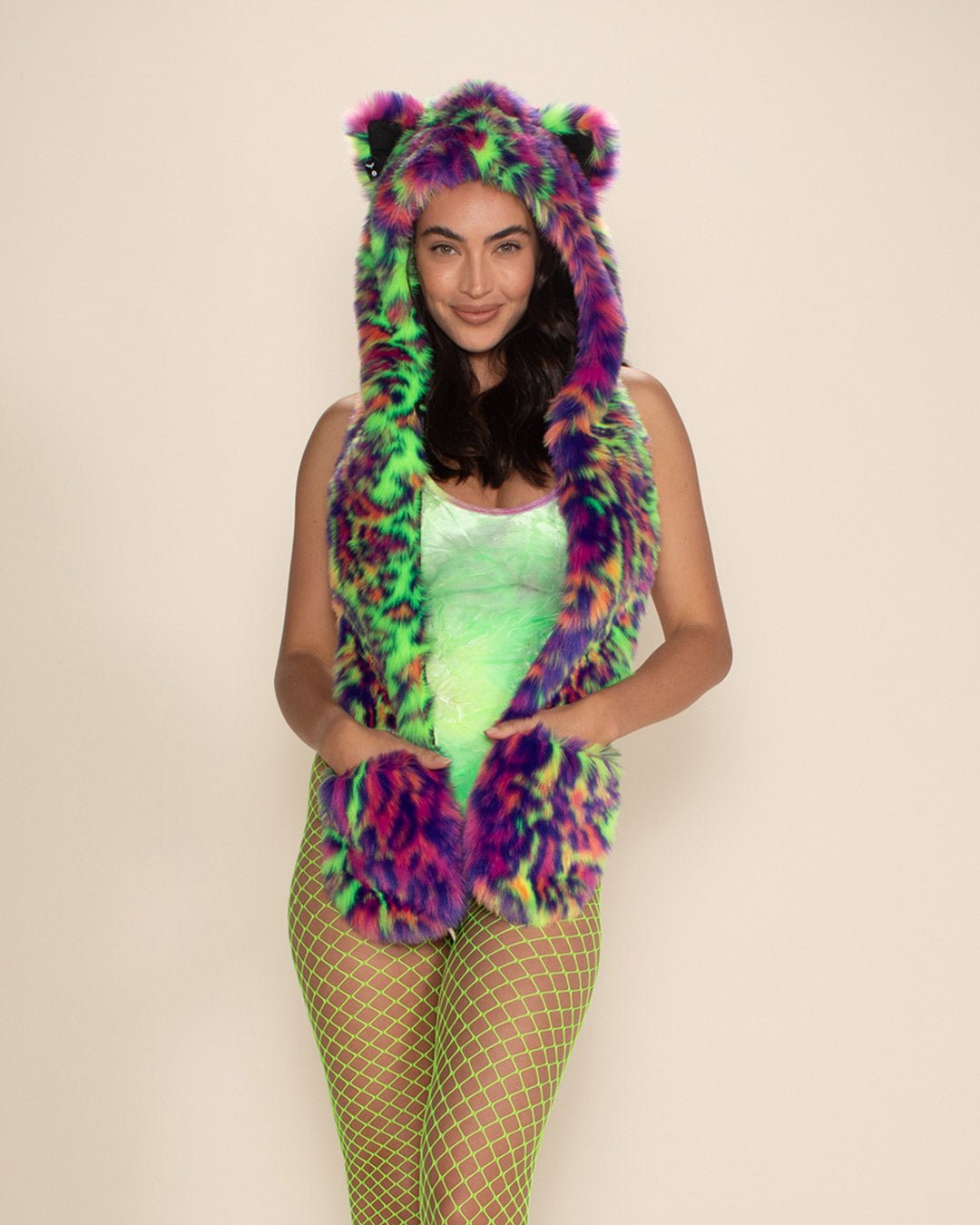 Neon Disco Kitty Collector Edition Faux Fur Hood | Women's - SpiritHoods
