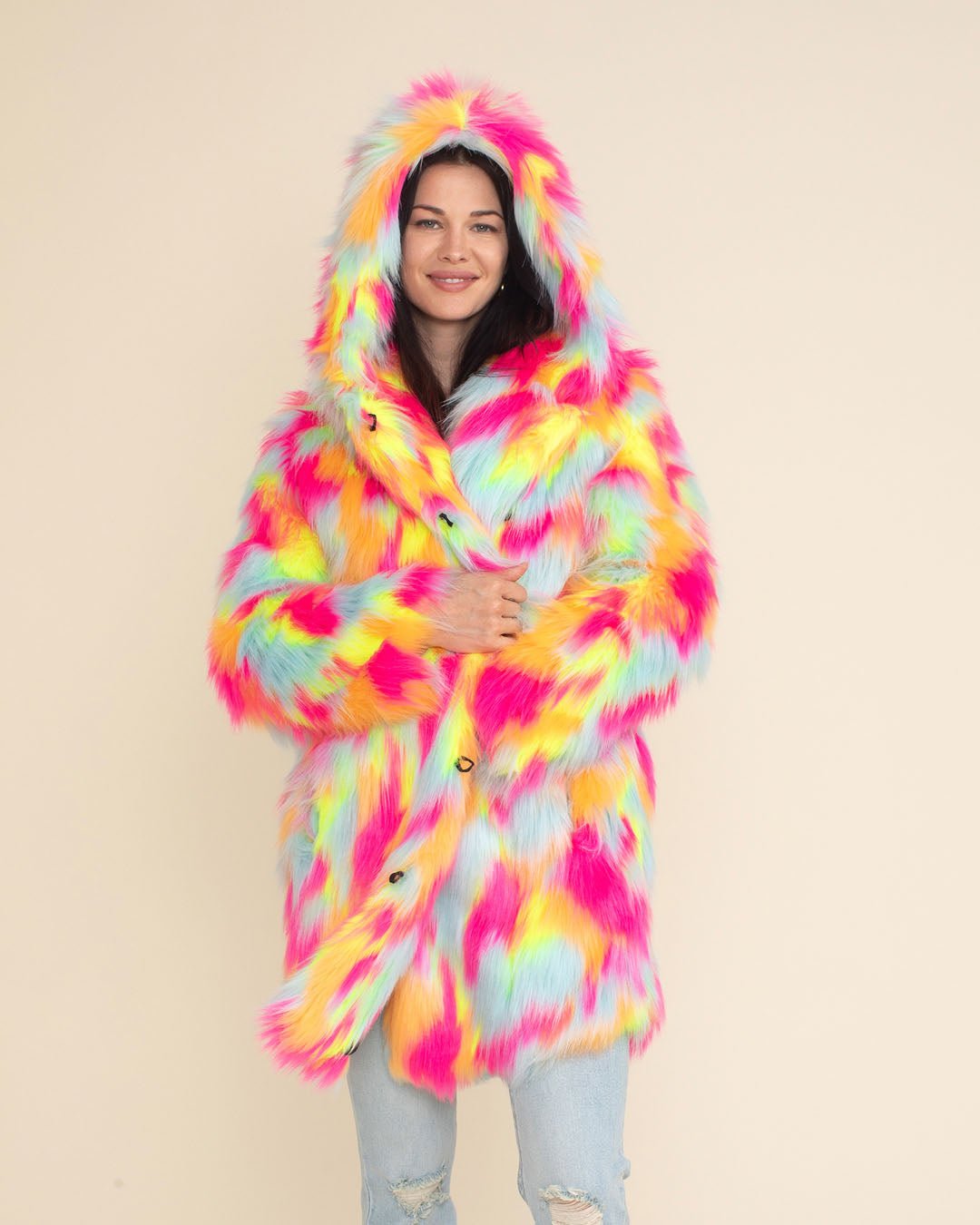 Colorful Faux Fur Coat Womens | Hooded Neon Calico Kitty - SpiritHoods