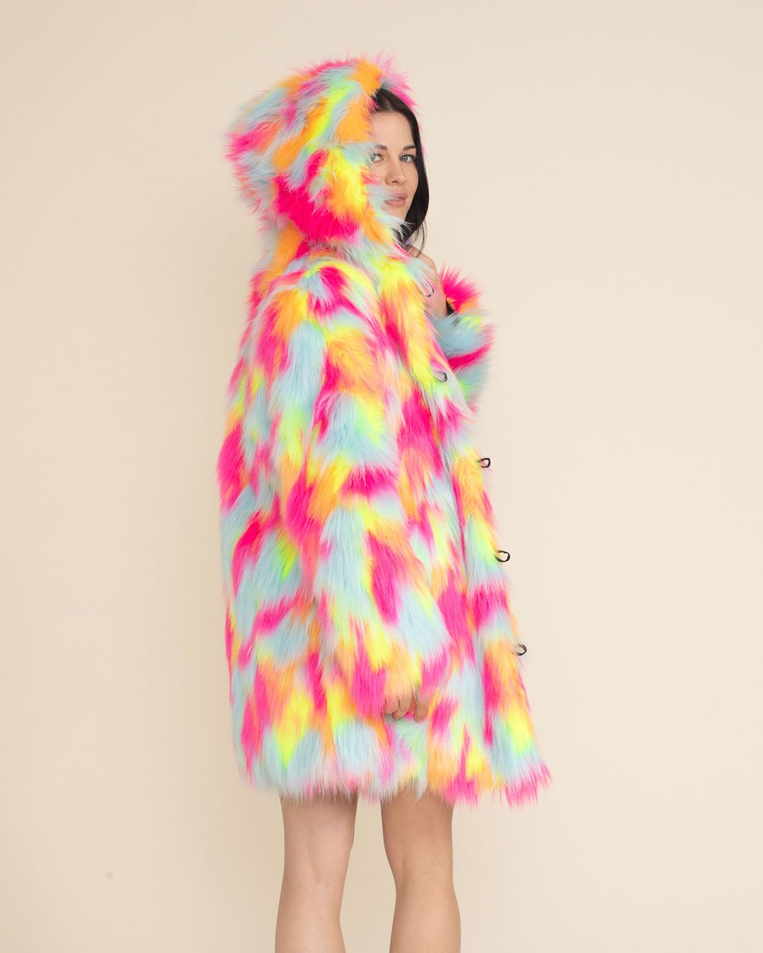 Colorful Faux Fur Coat Womens | Hooded Neon Calico Kitty - SpiritHoods