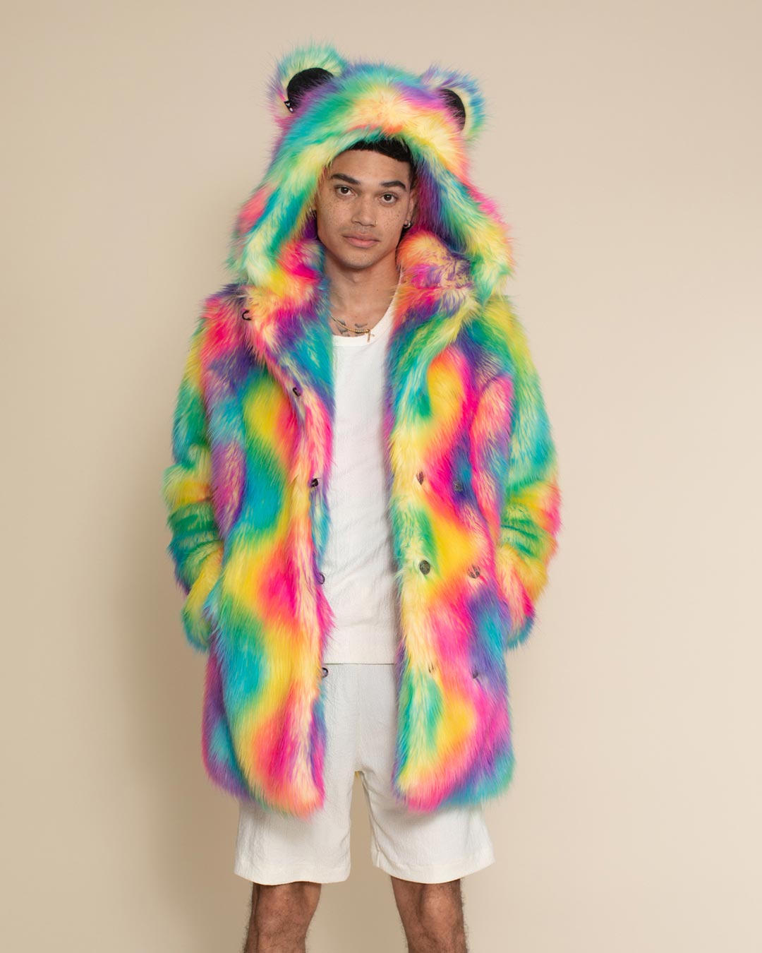 Men's Faux Fur Coat With Hood | Rainbow Bear - SpiritHoods