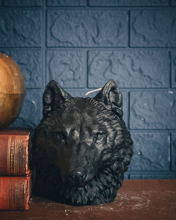 Shop Our Black Pillar Candle In The Shape Of a Wolf - SpiritHoods