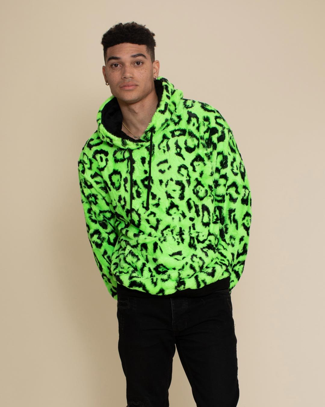Men's Neon Green Leopard Faux Fur Hoodie | Ultra Soft Hooded Jacket ...