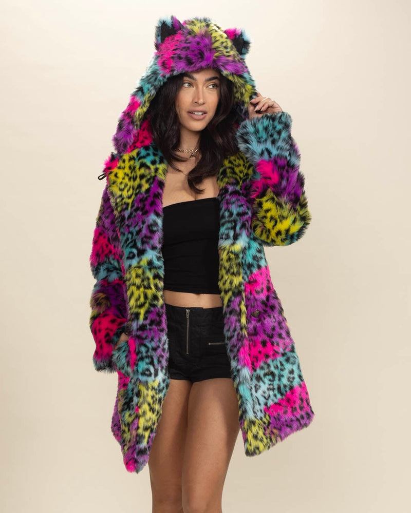 Colorful Faux Fur Coat Womens | Neon Graffiti Leopard Print - SpiritHoods