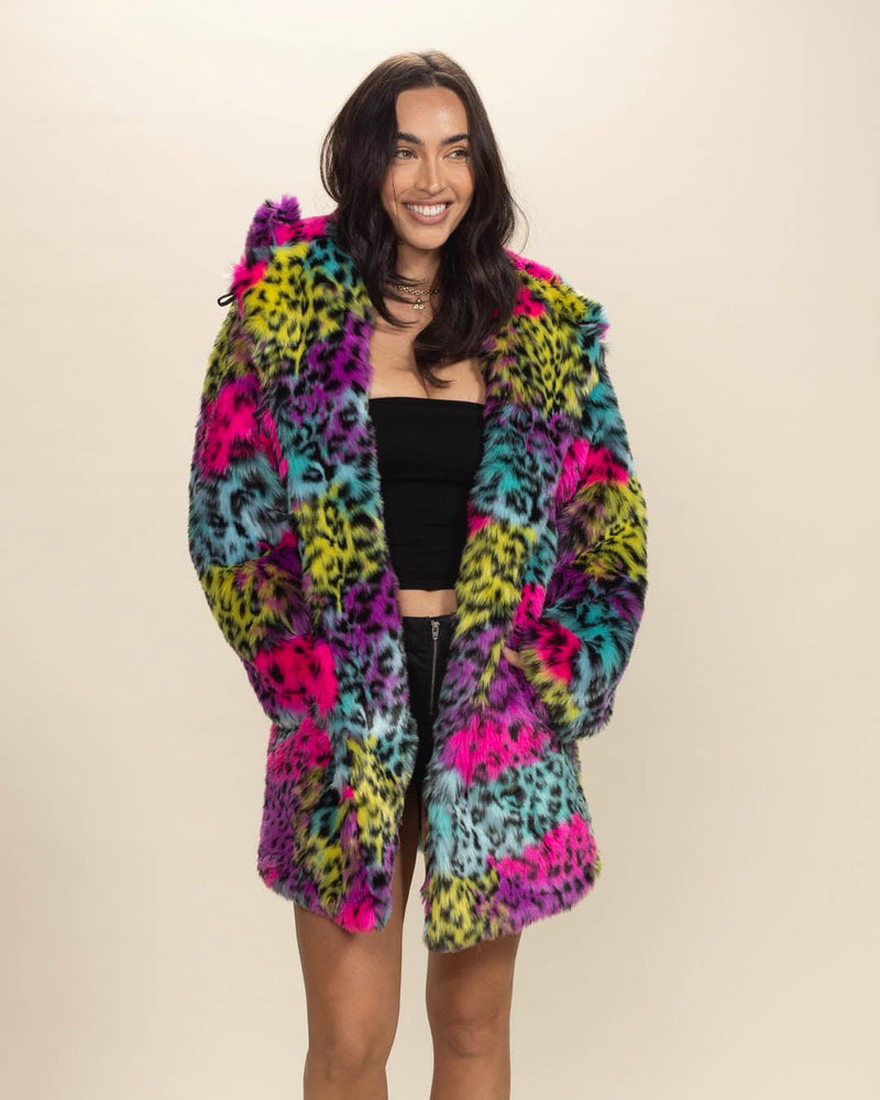 Colorful Faux Fur Coat Womens | Neon Graffiti Leopard Print - SpiritHoods