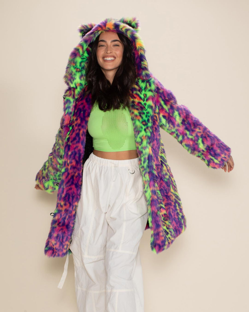 Colorful Faux Fur Coat Womens | Neon Disco Kitty - SpiritHoods