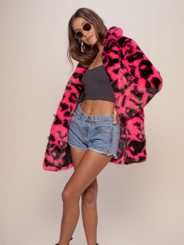 Womens Faux Fur Leopard Coat Neon Pink with Plush Collar - SpiritHoods