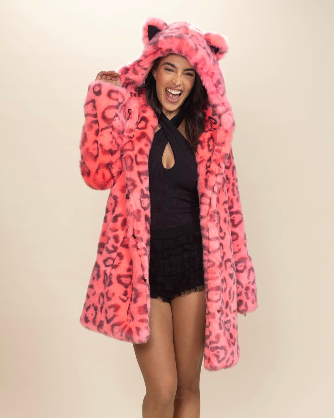 Hot Pink Faux Fur Coat Womens | Leopard Print