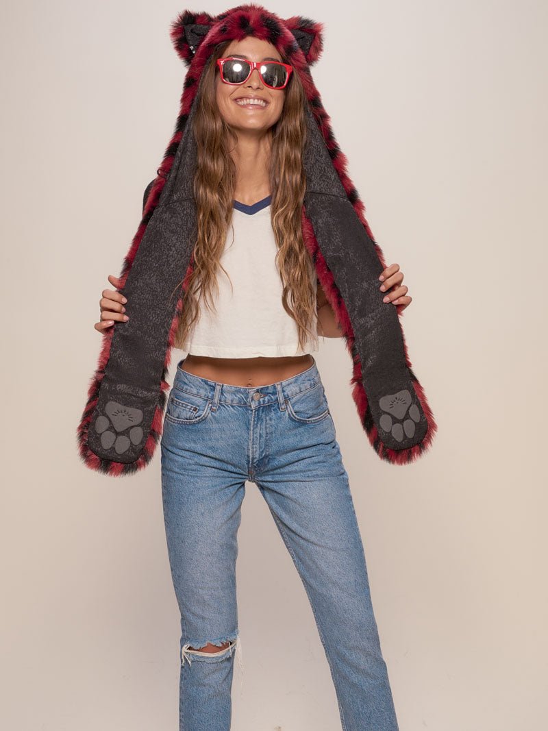 Faux Fur Hat Womens Spirit Hood With Ears in Red Wild Cat | SpiritHoods®