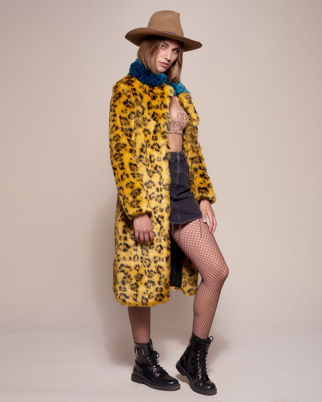 Cheetah Faux Fur Long Coat Calf Length with Blue Leopard Collar ...