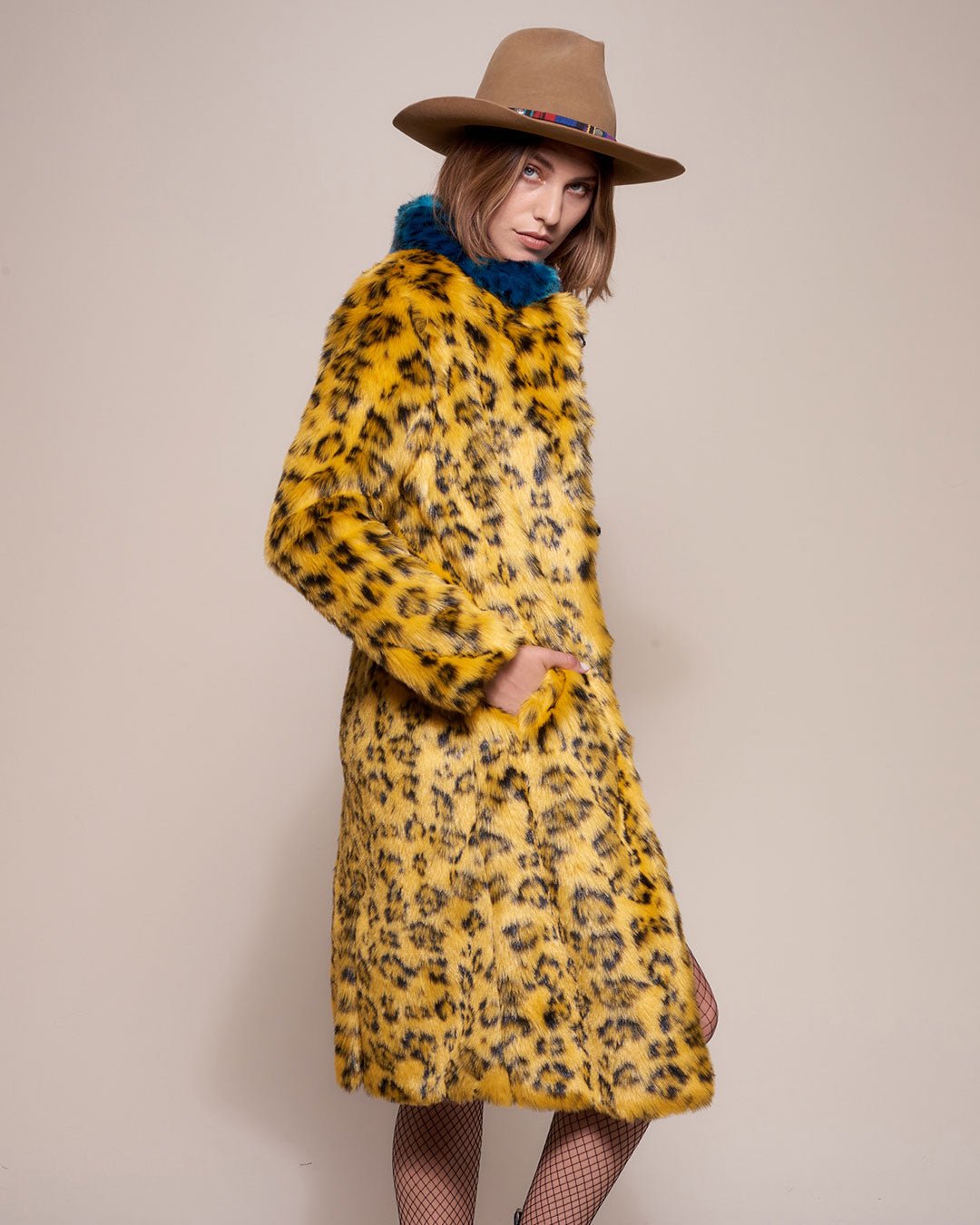 Cheetah Faux Fur Long Coat Calf Length with Blue Leopard Collar ...