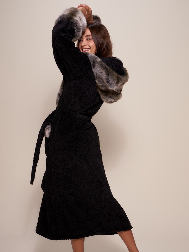 Faux Fur Robe Womens Plush Hood Ears Glamour Black Grey Wolf Trim ...