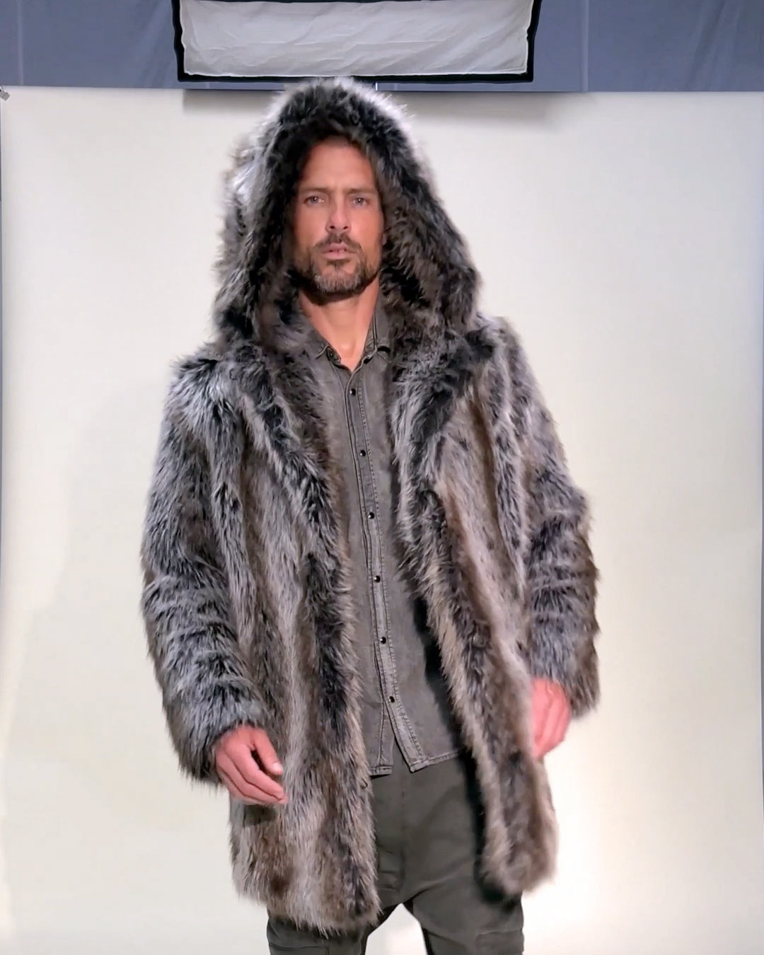 Men's Grey Wolf Hooded Faux Fur Coat - Stylish Warmth - SpiritHoods
