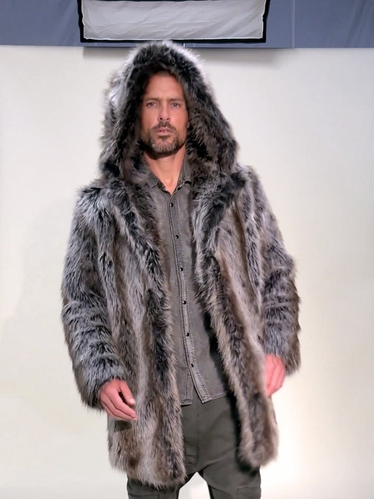 Men's Grey Wolf Hooded Faux Fur Coat - Stylish Warmth - SpiritHoods