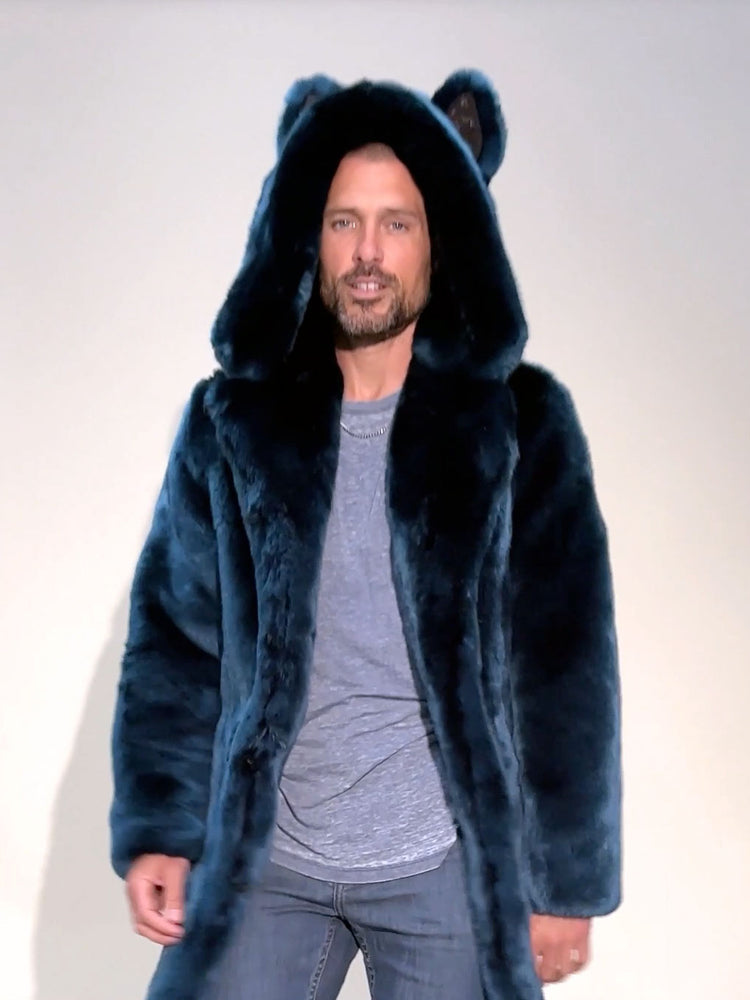 Luxury Wolf Teal Faux Fur Men's Coat with Hood | SpiritHoods