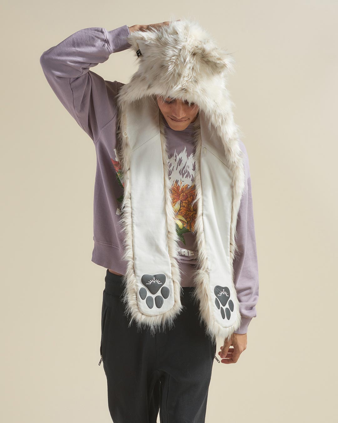 Faux Fur Hat Mens Spirit Hood With Ears in White Snow Leopard ...