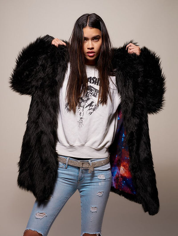 Black Wolf Galaxy Faux Fur Coat - Unleash Stellar Elegance - SpiritHoods