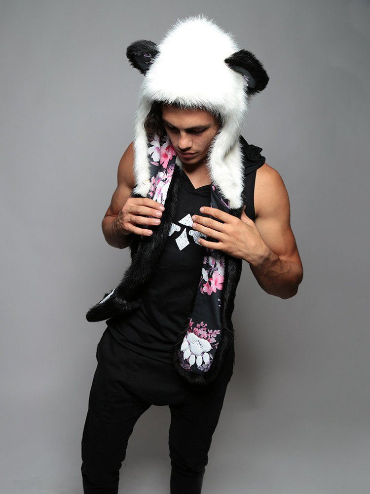 Panda Bear Mens Faux Fur Hat Scarf with Ears Paws Hood - SpiritHoods