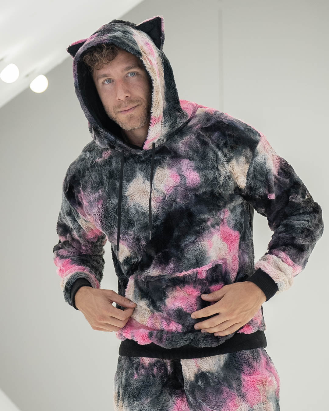 Fur Hoodie in Tie Dye Pink & Black for Men - SpiritHoods